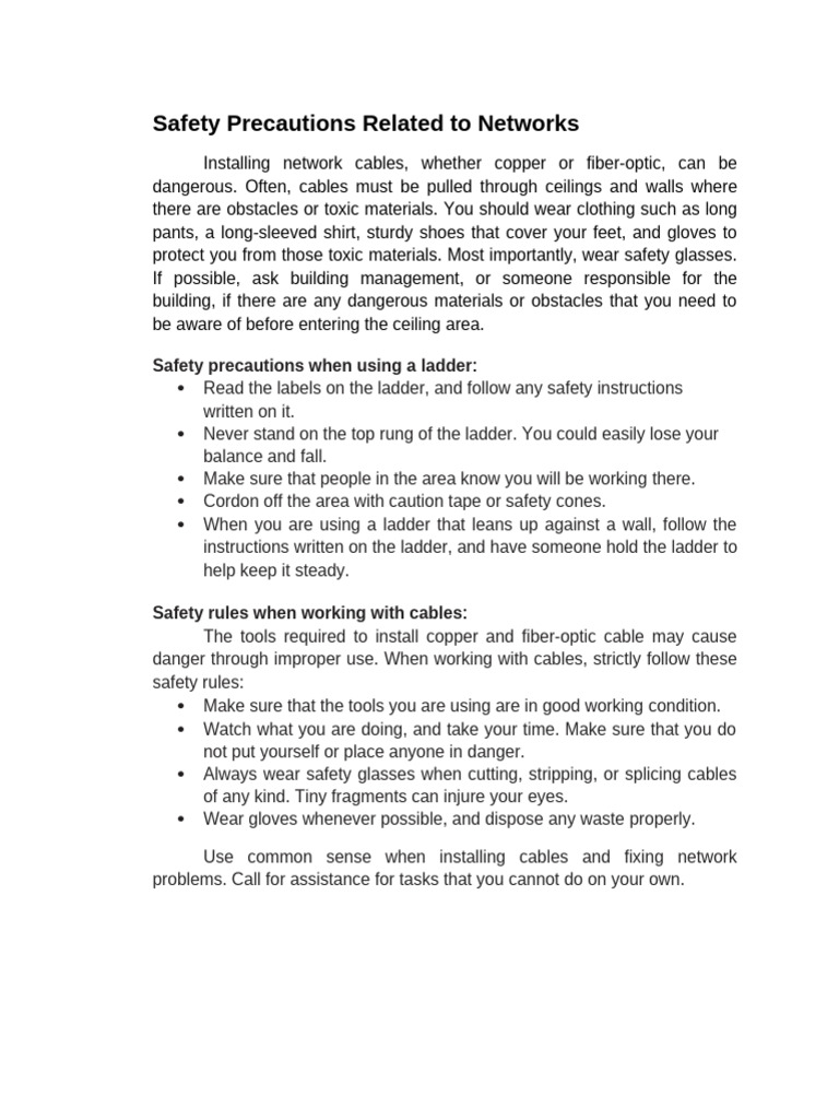 Safety Precautions Related To Networks | PDF | Fiber Optic ...