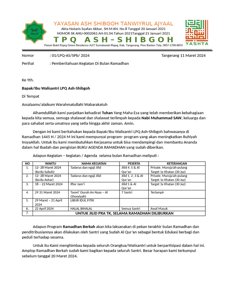 Surat Pemberitahuan Kegiatan Di Bulan Ramadhan | PDF
