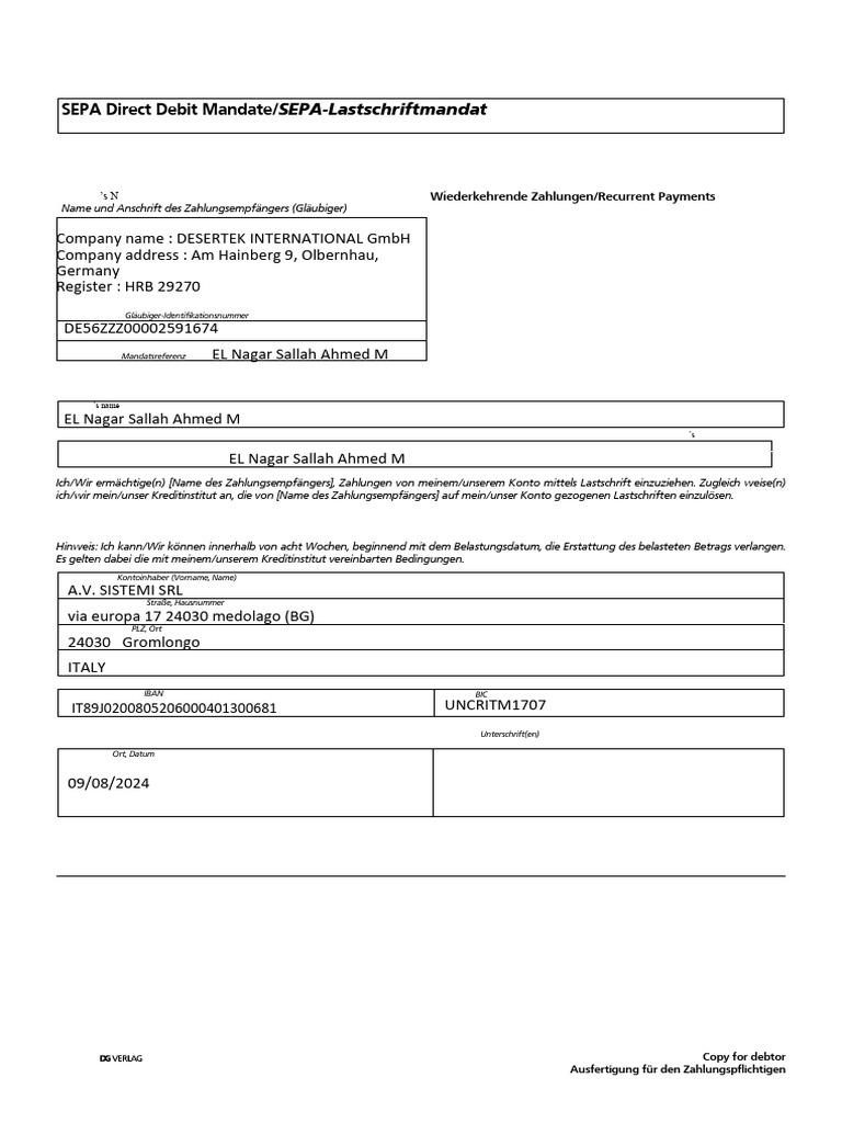 SEPA Direct Debit Mandate - SEPA-Lastschriftmandat D | PDF