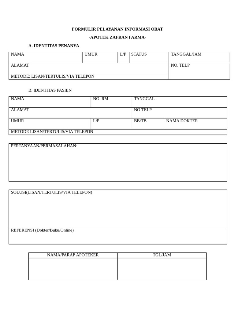 Formulir Pelayanan Informasi Obat | PDF