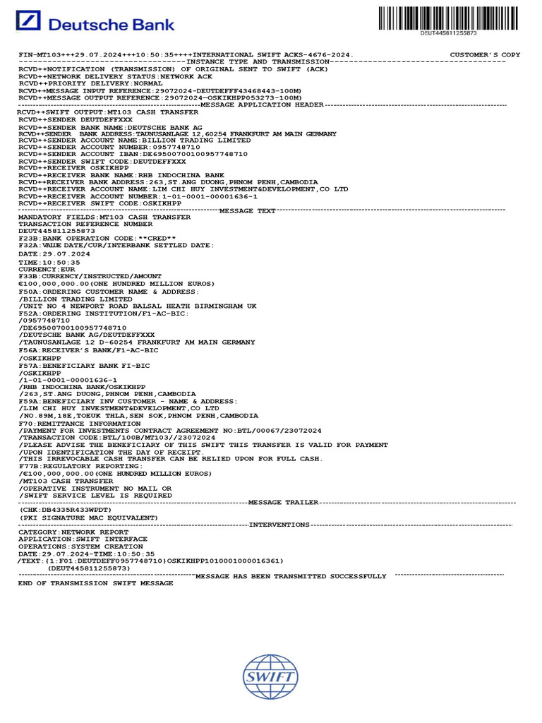Swift MT103-100M - RHB - Bank-Bic - Oskikhpp - Cambodia ?? | PDF