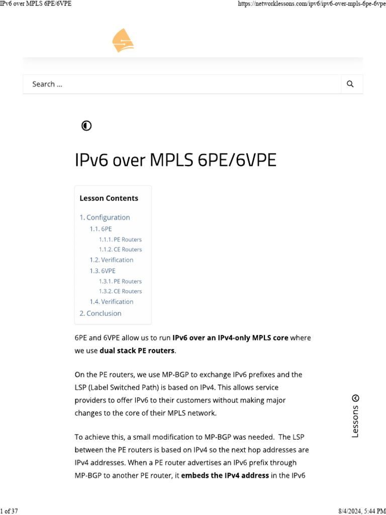IPv6 Over MPLS 6PE-6VPE | PDF