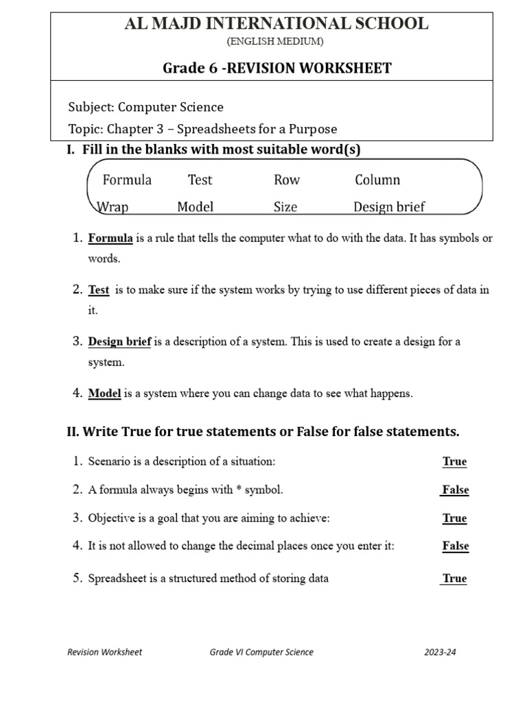 Revision Worksheet Answer Key-1 | PDF