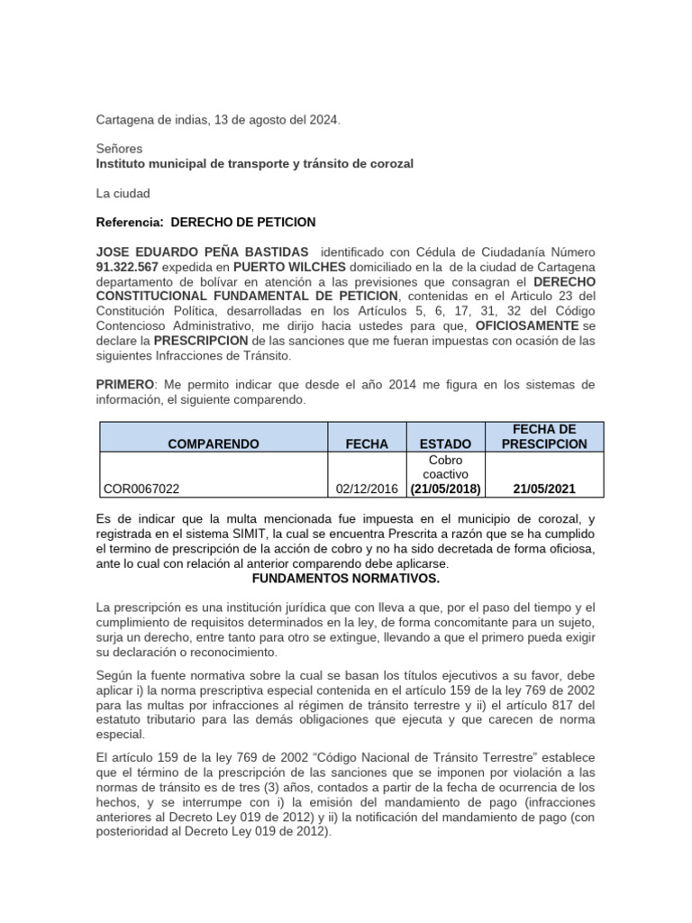 Modelo Prescripcion de Multa de Transito | PDF