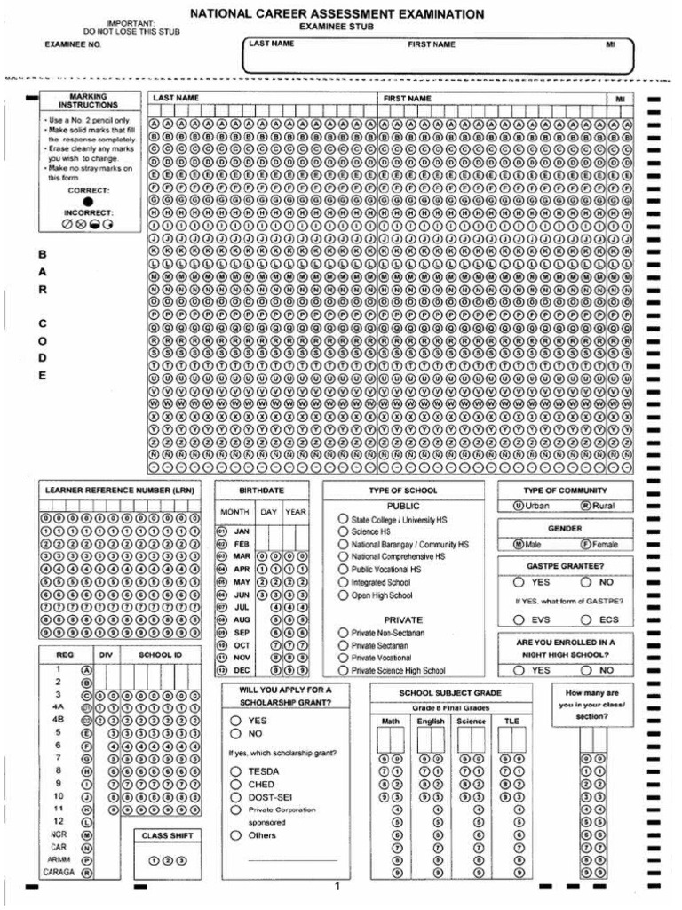 NCAE sample answer sheet | PDF