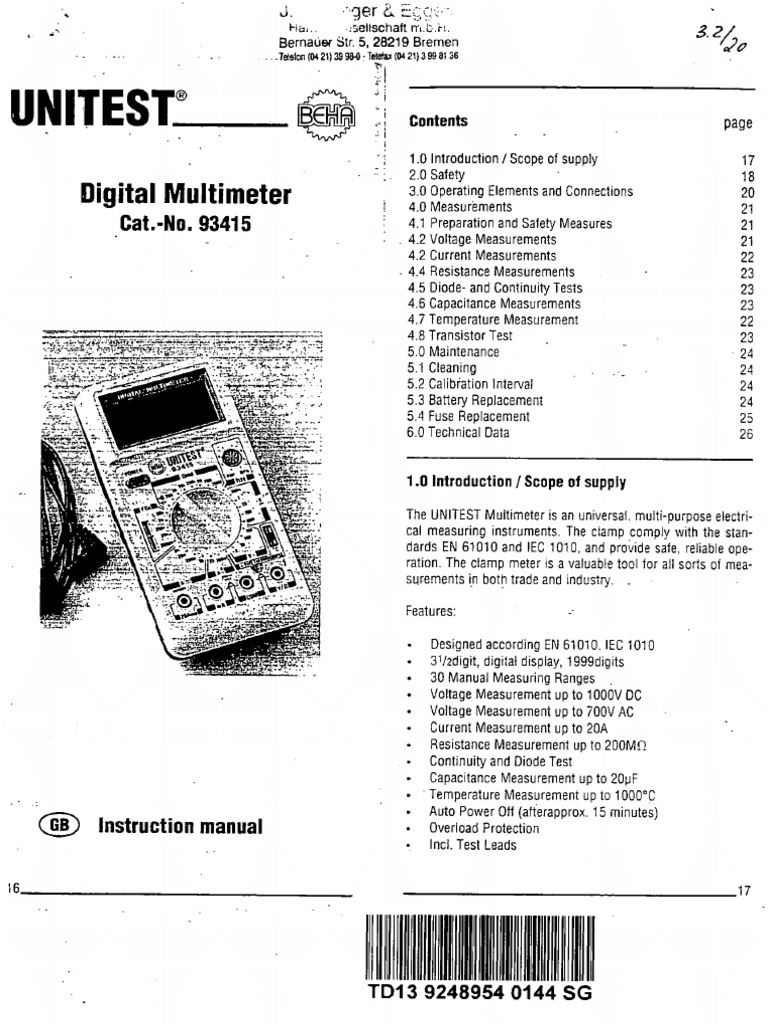 ELECTRIC - Digital Multimeter Instruction Manual-TD13 9248954 0144 SG | PDF