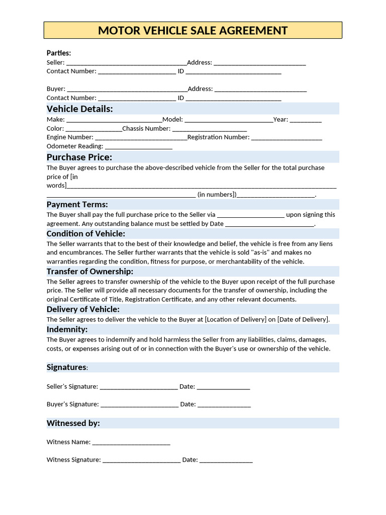 Motor Vehicle Sale Agreement | PDF