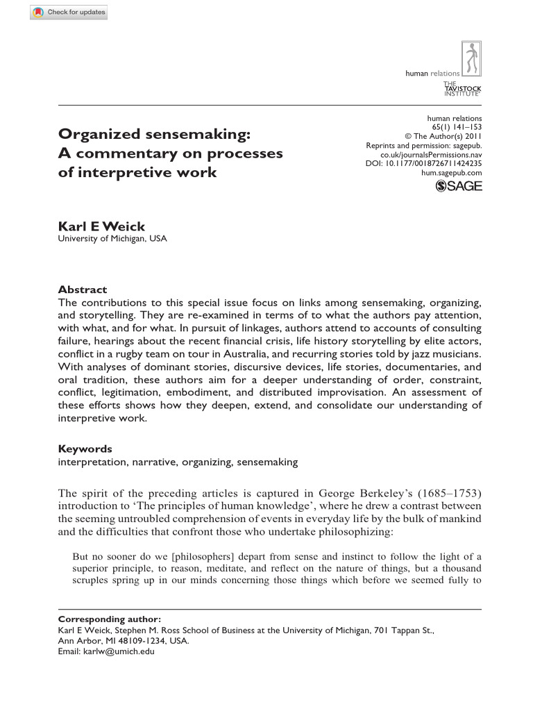 01 Weick-2012-Organized-Sensemaking-A-Commentary-On-Processes-Of-Interpretive-Work | PDF