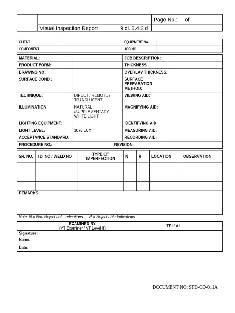 STD-QD-011A Visual Inspection Report | PDF