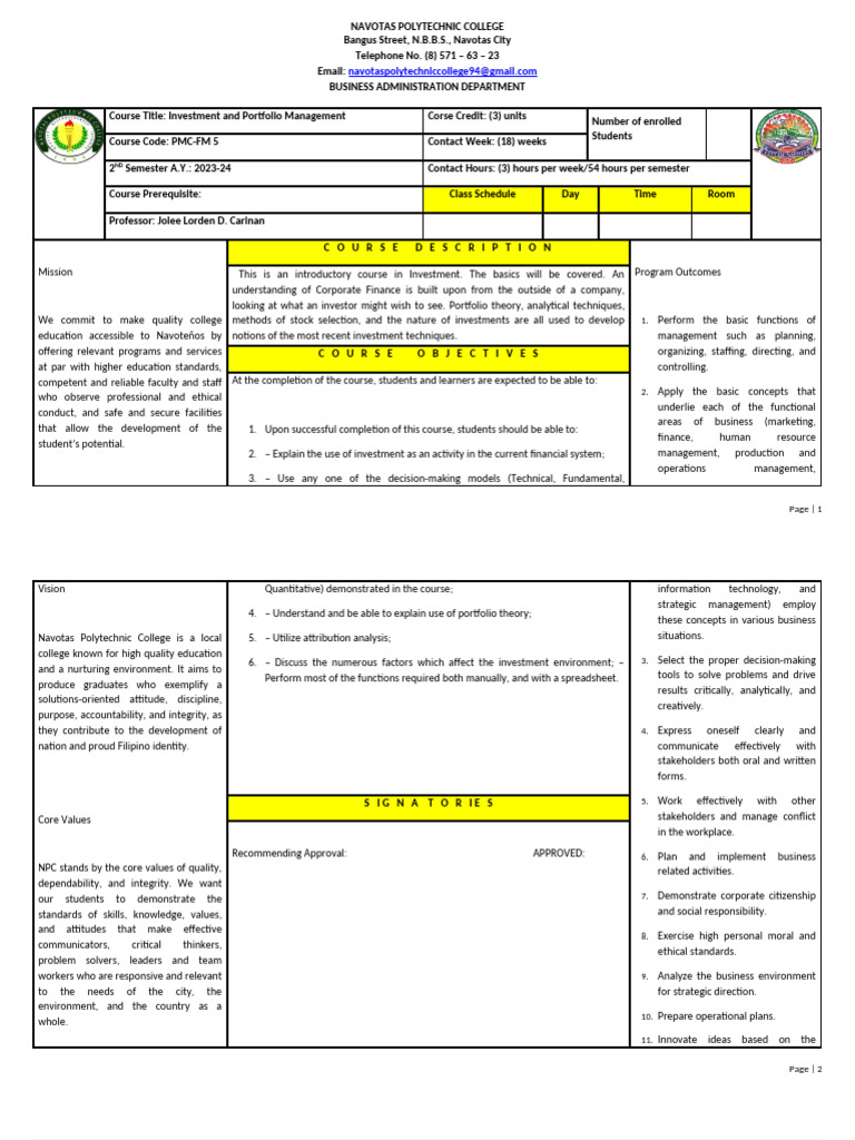 JOLEELORDEN CARINAN Investment and Portfolio NPC BA Syllabus Template | PDF