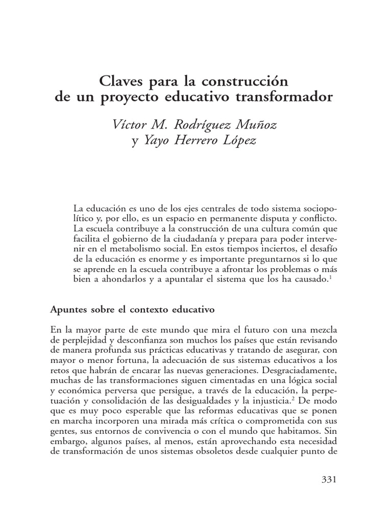 Claves para Construccion Proyecto Educativo Transformador | PDF