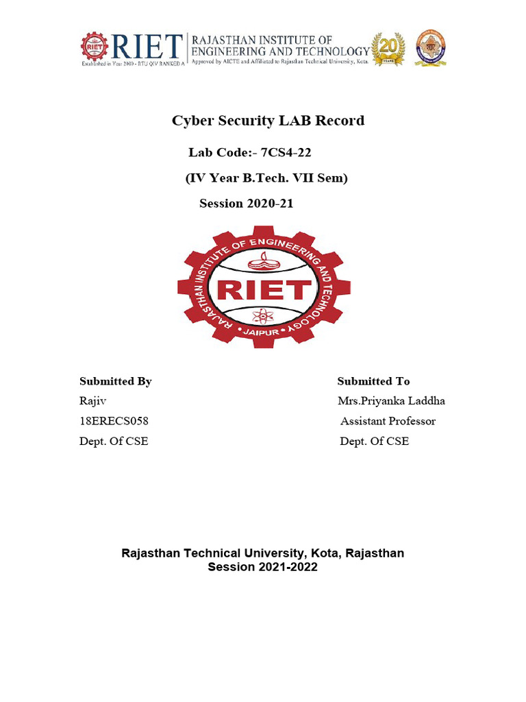 Cyber Security LAB Record: Lab Code:-7CS4-22 (IV Year B.Tech. VII Sem) Session 2020-21 | PDF