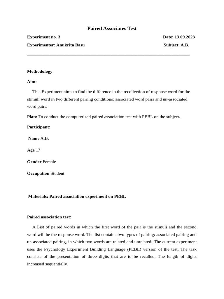 Paired Associates Test | PDF