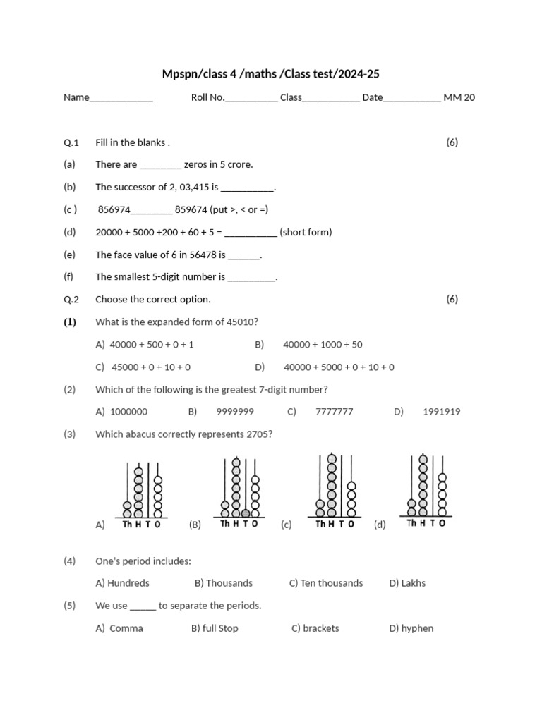 Class Test Class 4 6.05.24 | PDF