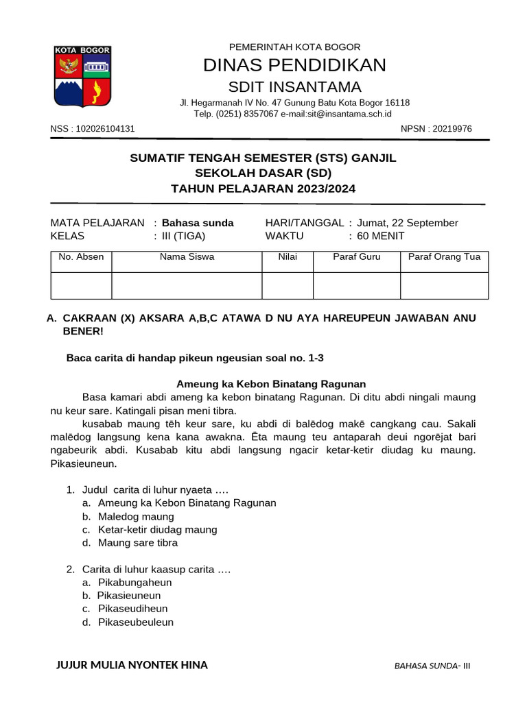 Soal Sts B.sunda Kelas 3 Ganjil 2023-2024 Draf 2 | PDF