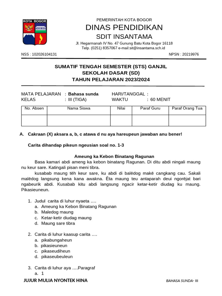 Soal STS B.sundA Kelas 3 Ganjil 2023-2024 | PDF