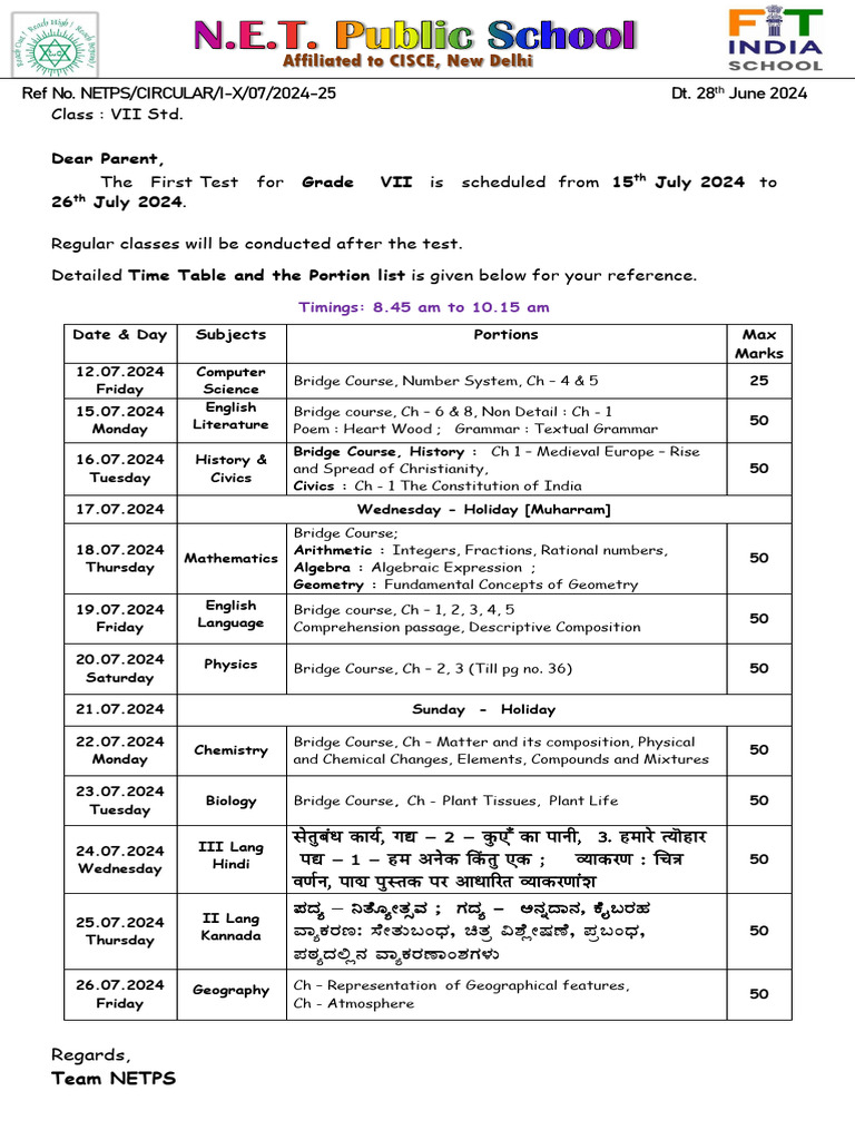 ITest PortionListTimeTableWritten VIIBICSE 2024-25 - 33563 | PDF