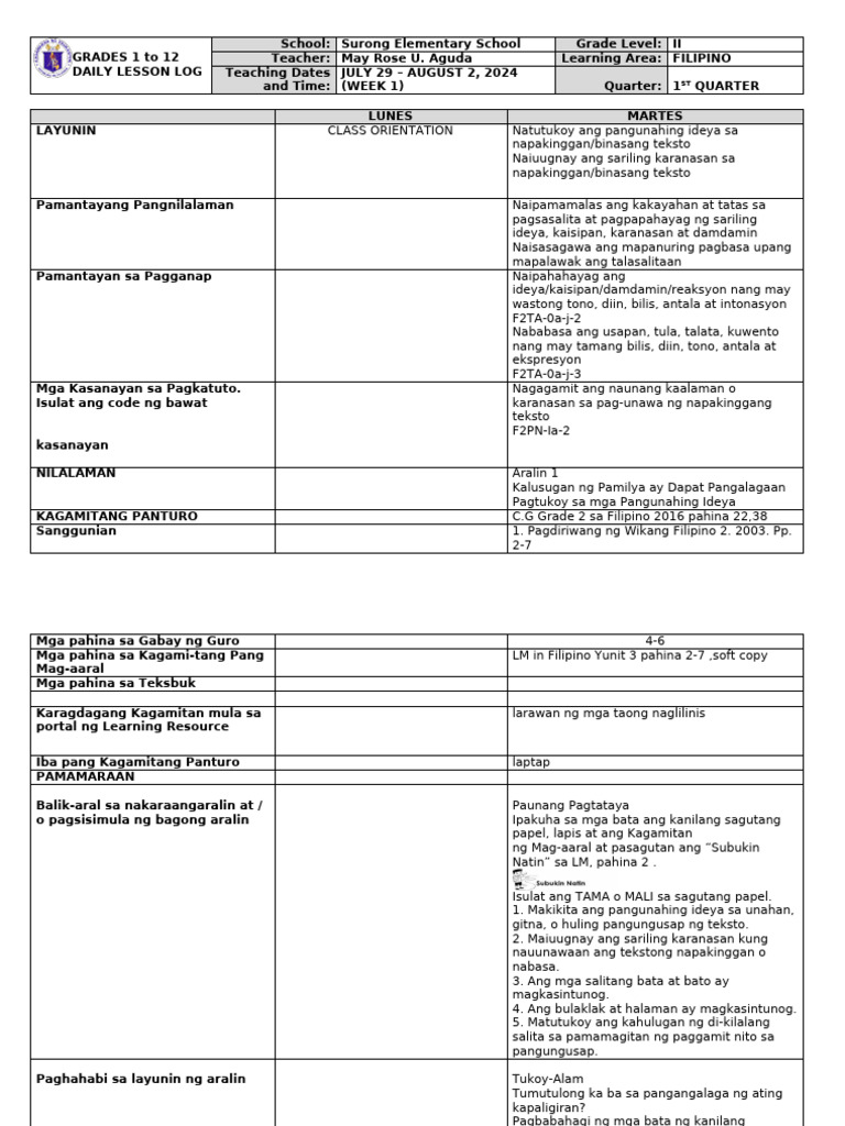 DLL - Filipino 2 - Q1 - W1 | PDF