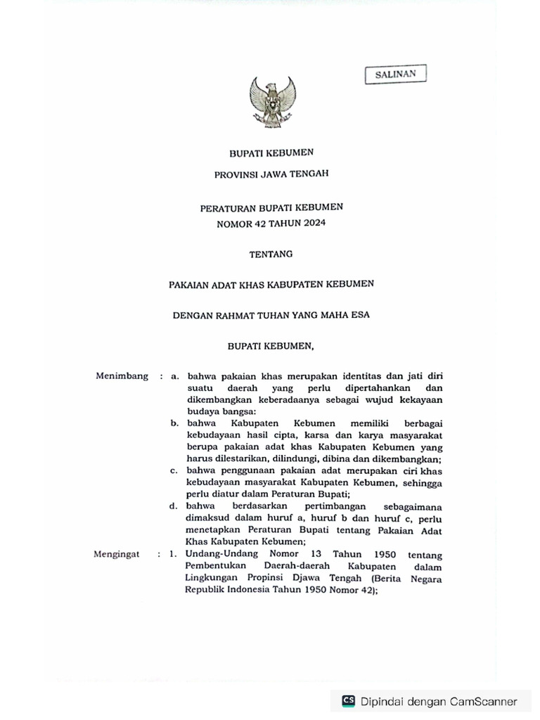 Perbup No 42 Tahun 2024 Tentang Pakaian Adat Khas Kabupaten Kebumen | PDF