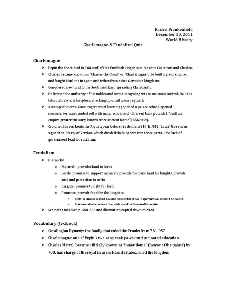 Charlemagne and Feudalism Quiz | PDF | Charlemagne | Middle Ages
