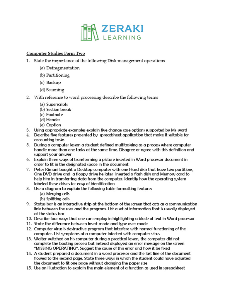 Form 2 Computer Studies Assignment 719 1590681842548 Zeraki Learning | PDF