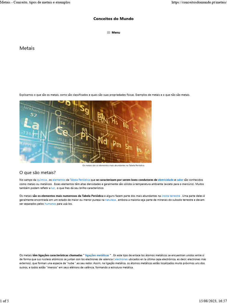 2 - Metais - Conceito, Tipos de Metais e Exemplos | PDF