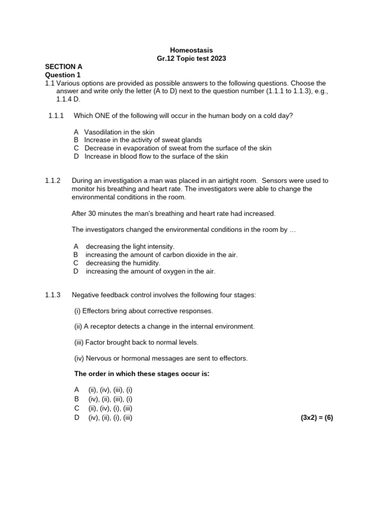 Homeostasis Topic Test 2023 | PDF