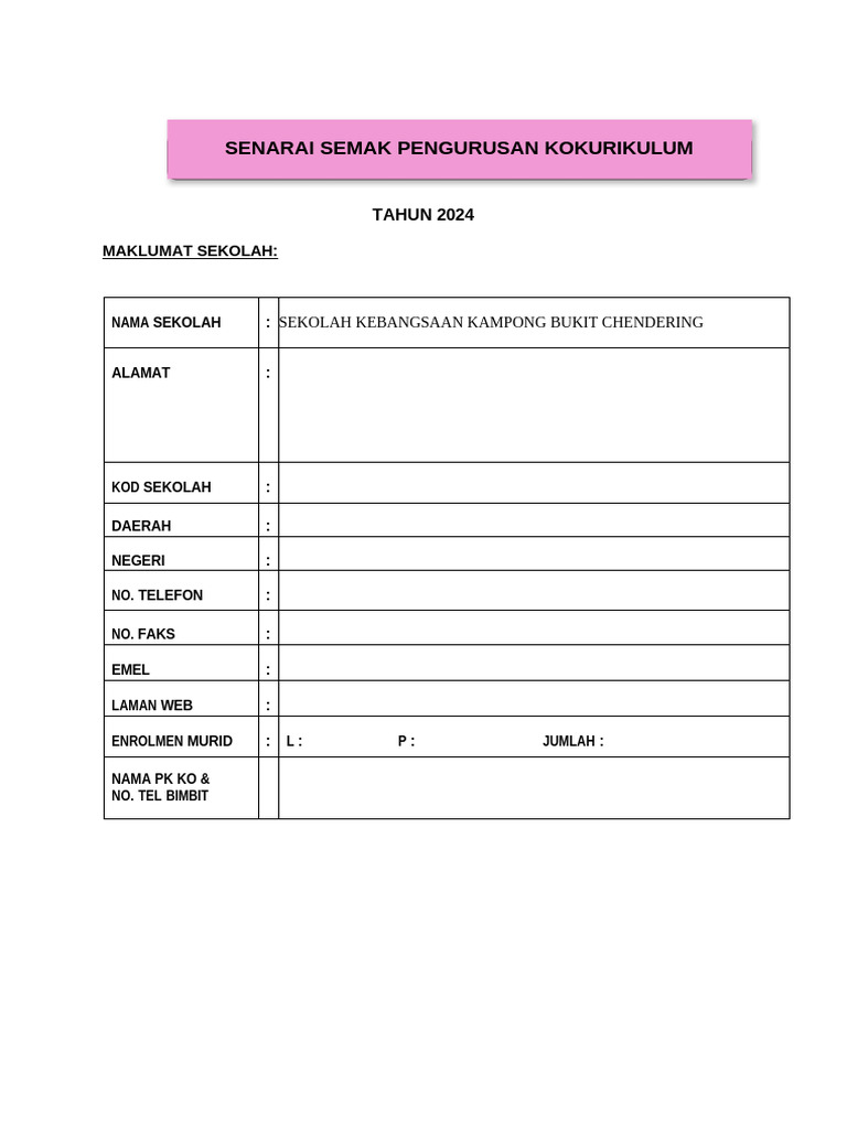 Senarai Semak Kokurikulum SK Kampong Bukit Chendering | PDF