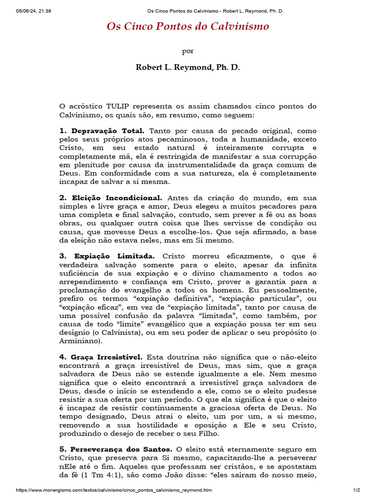 Os Cinco Pontos Do Calvinismo - Robert L. Reymond, Ph. D | PDF