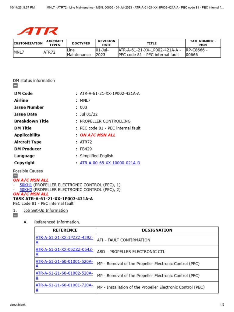 ATR-A-61-21-XX-1P002-421A-A - PEC Code 81 - PEC Internal Fault | PDF