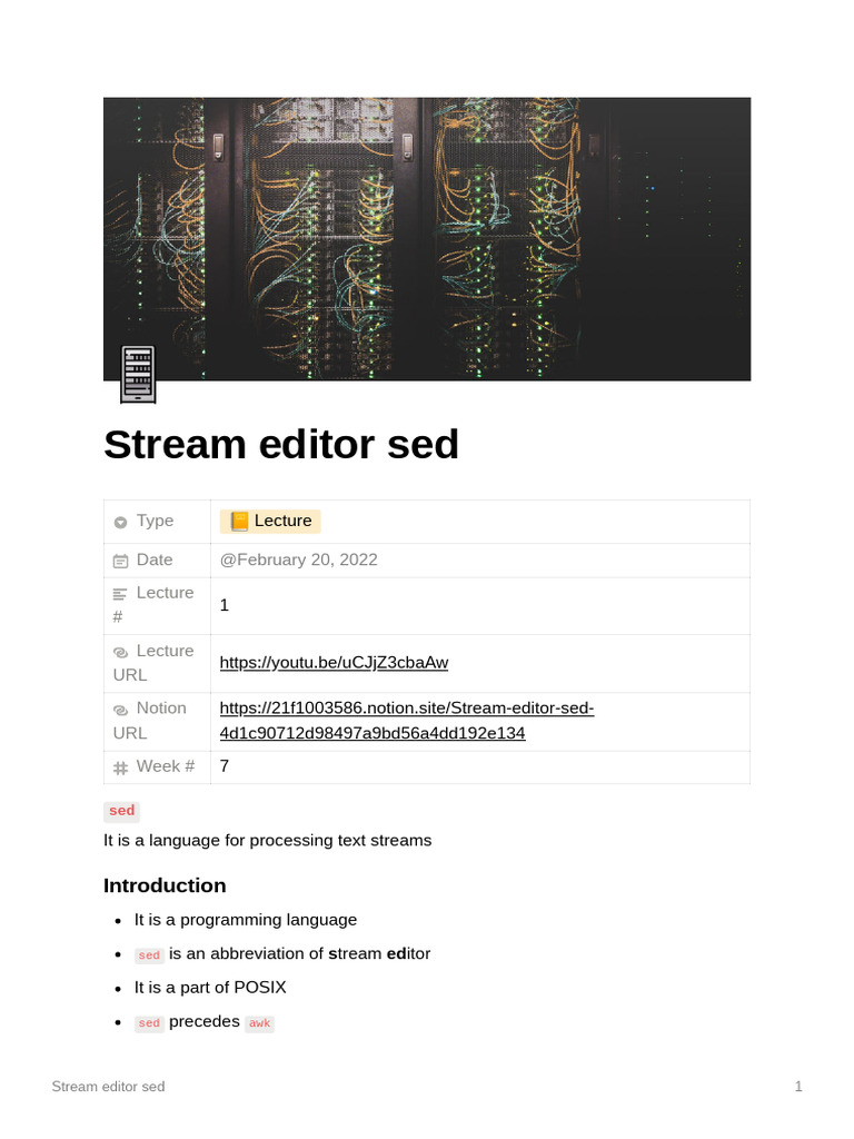 Stream Editor Sed: Type Date # URL Notion URL Week # | PDF