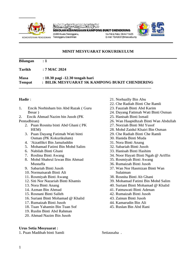 Minit Mesyuarat Kokurikulum Bil 1 2024 - 2025 | PDF