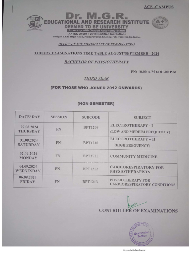 BPT - Theory Exam Time Table Aug - 2024 (Non - Semester) | PDF