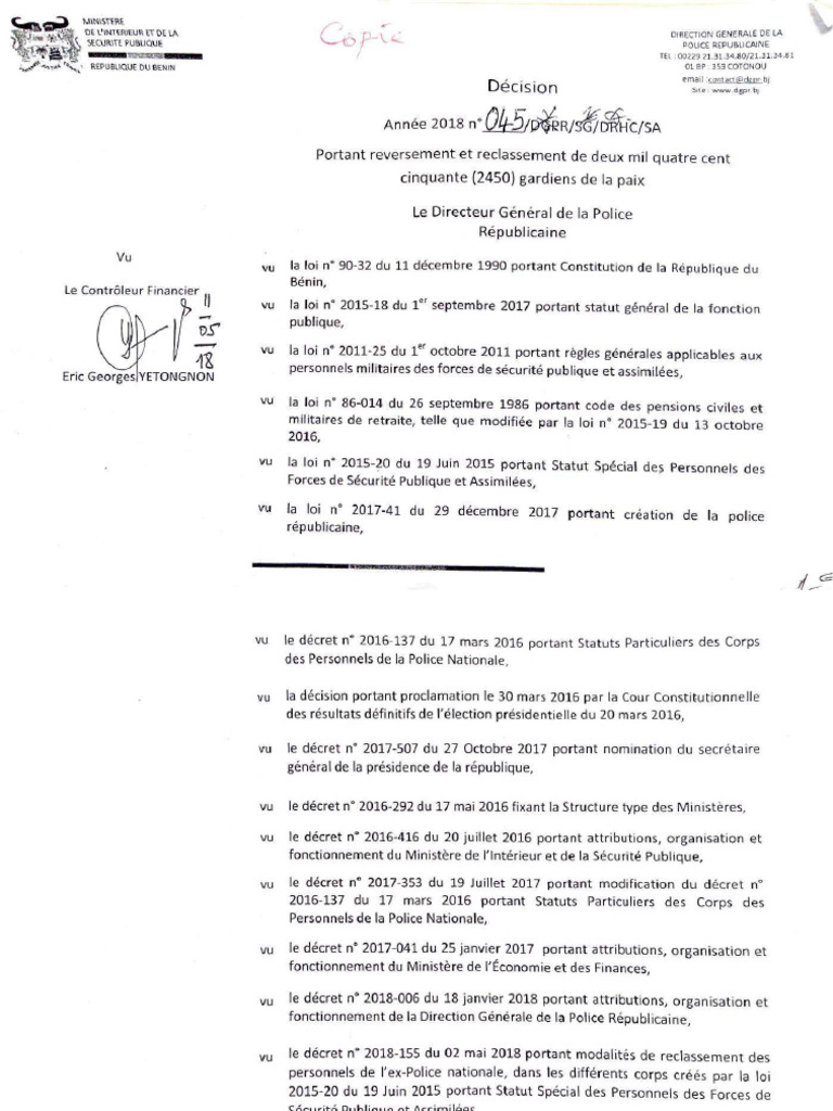 Décision Portant Reversement Et Reclassement de La 39 Ème Promotion GPX ...