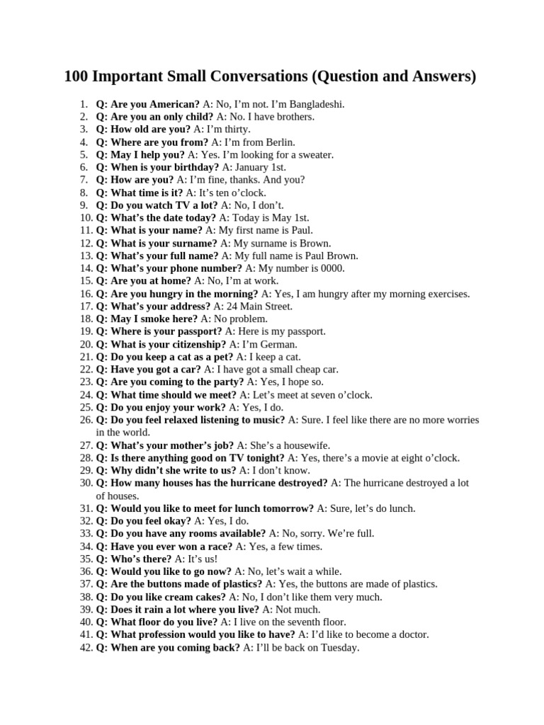 100 Important Small Conversations (Question and Answers) | PDF