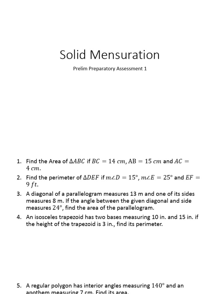 Solid Mensuration Prelim PAA1 | PDF
