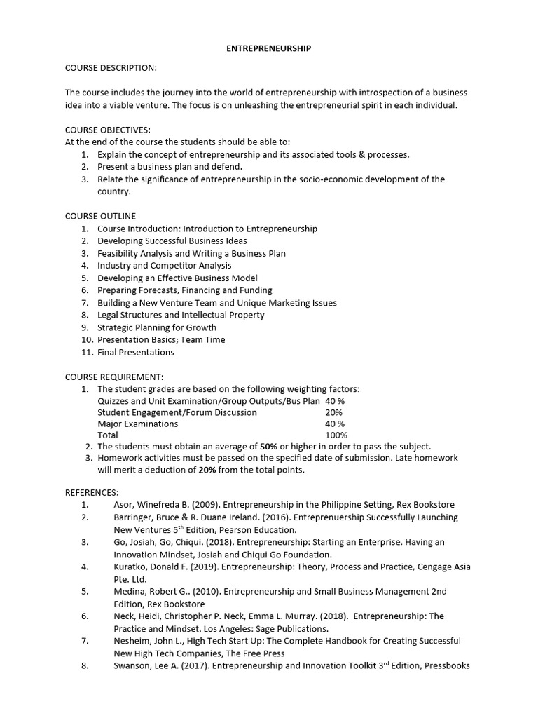 Entrepreneurship-Course Outline (2024) | PDF | Entrepreneurship ...