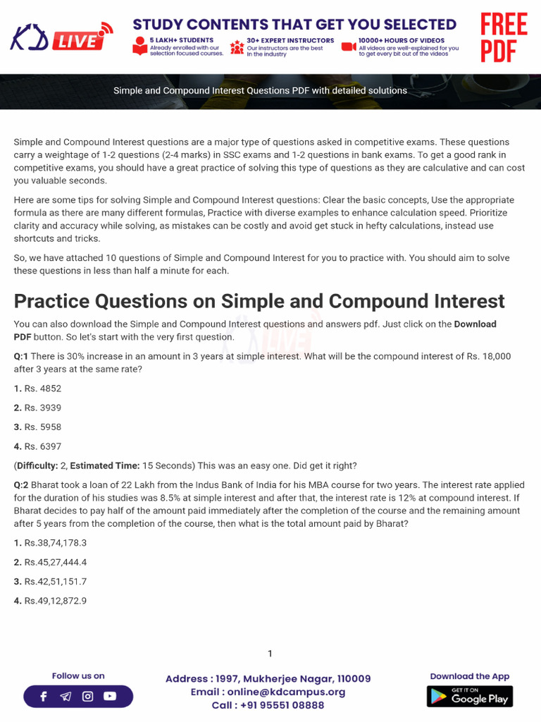 Simple and Compound Interest Questions PDF With Detailed Solutions | PDF