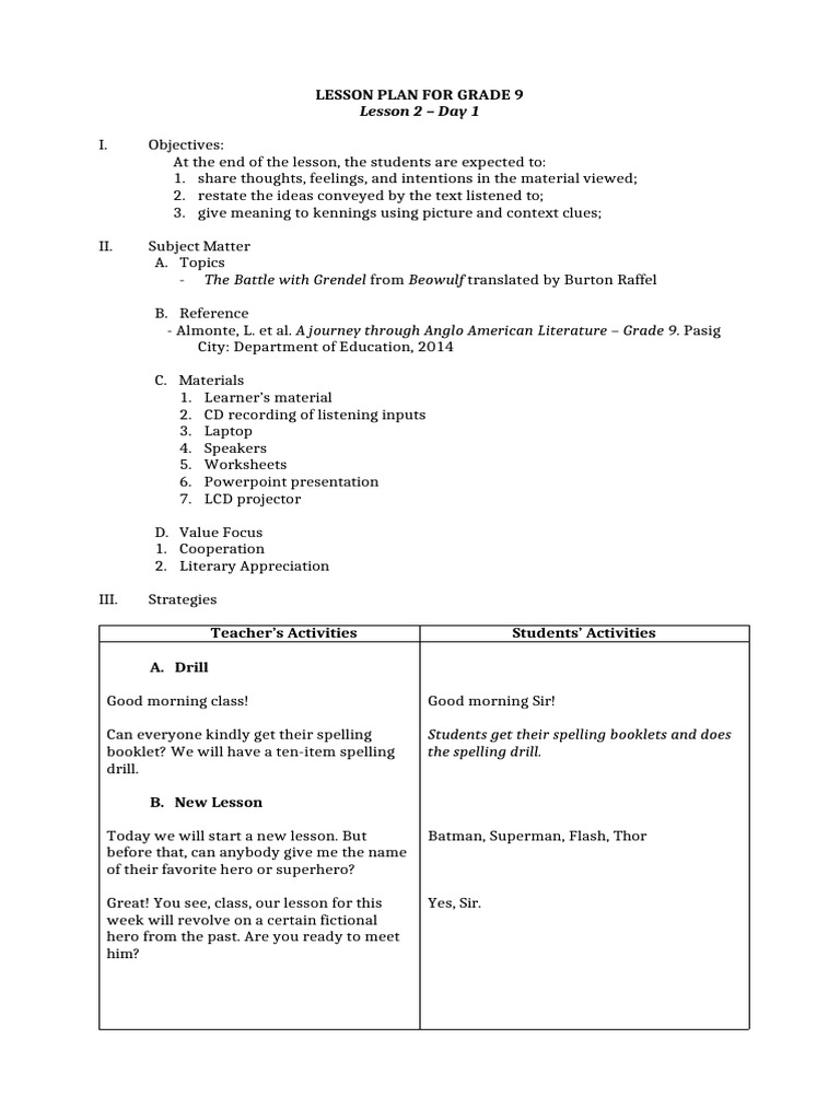 Lesson Plan For Beowulf | PDF | Beowulf