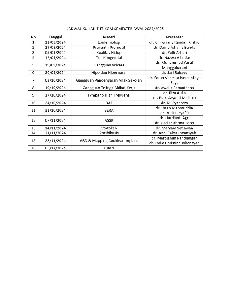 Jadwal Kuliah Tht-Kom 2024 | PDF