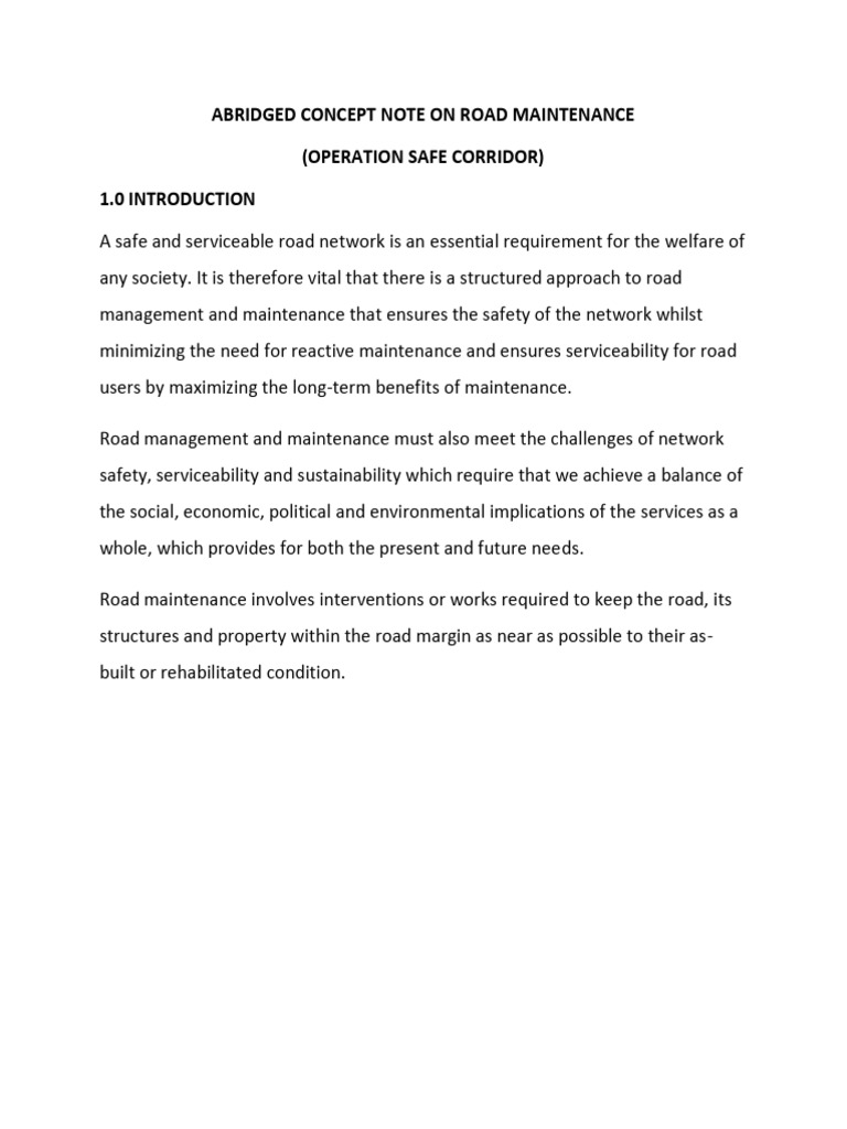 Abridged Concept Note On Road Maintenance | PDF | Road | Sustainability