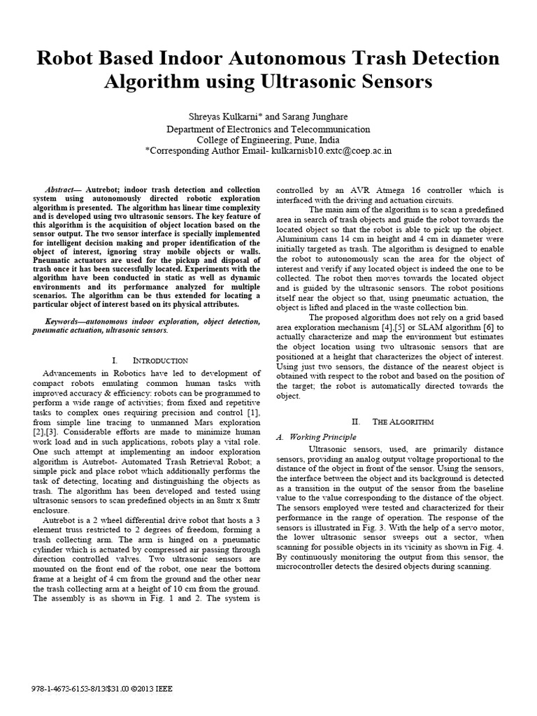 Robot Based Indoor Autonomous Trash Detection Algorithm Using Ultrasonic Sensors | PDF