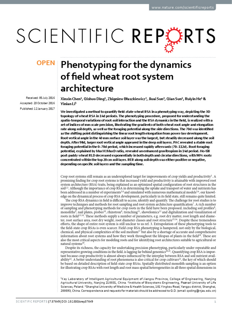Nature - Phenotyping For The Dynamics of Field Wheat Root System Architecture | PDF