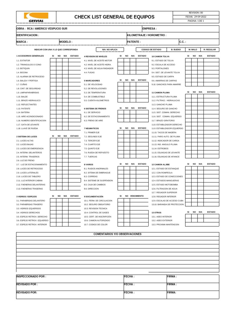 Check List General de Equipos | PDF
