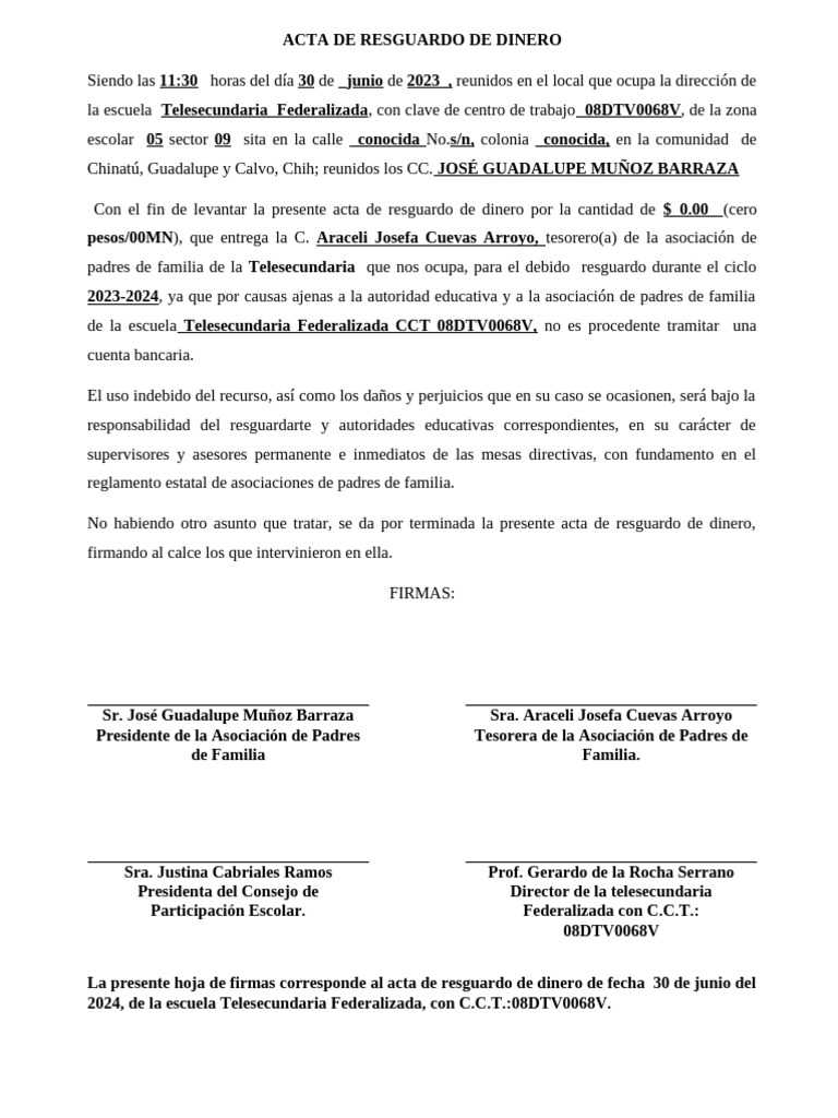 Acta de Resguardo de Efectivo 23-24 | PDF