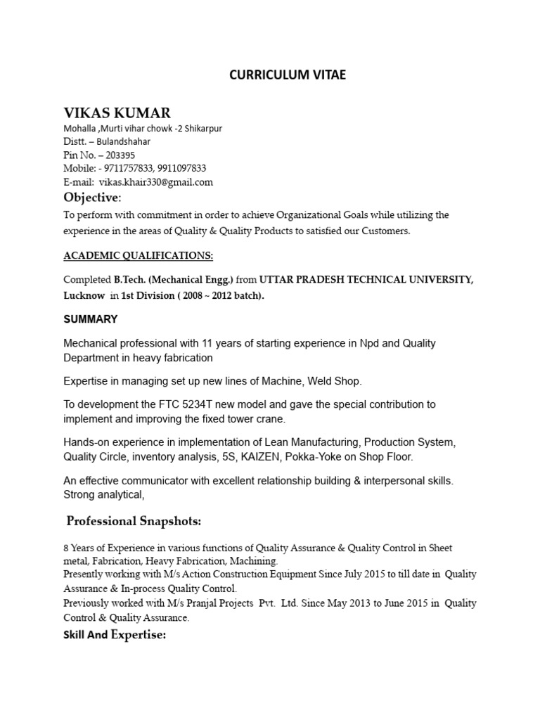 CV Vikas Assistant Manager | PDF | Heavy Equipment | Crane (Machine)