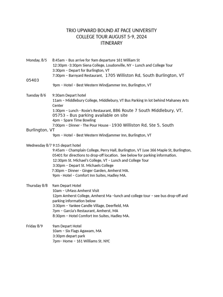 Pace Upward Bound Itinerary August 2024 College Trio | PDF