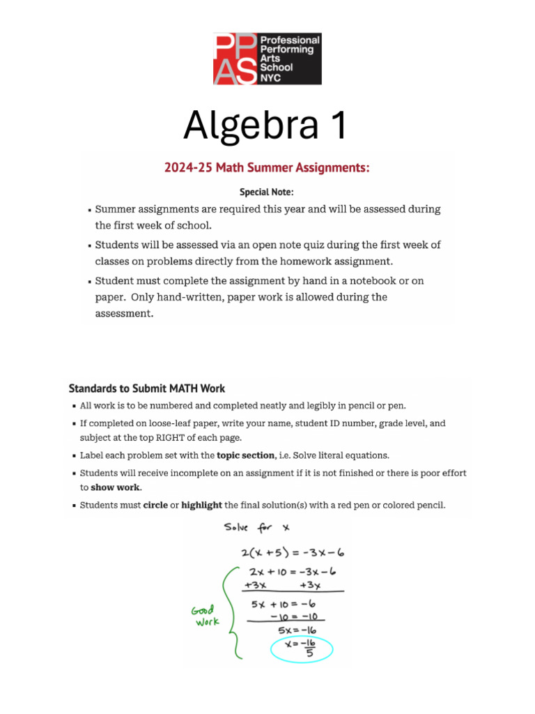 Algebra Summer Assignment | PDF