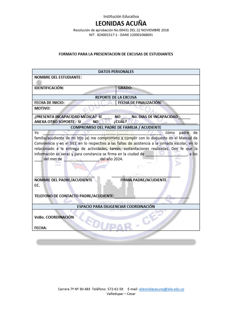 Formato Excusa Escolar | PDF