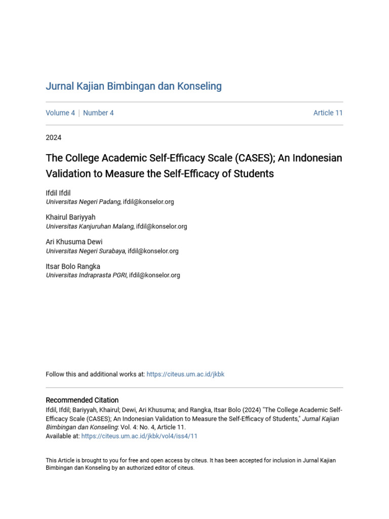 The College Academic Self-Efficacy Scale (CASES) An Indonesian V | PDF